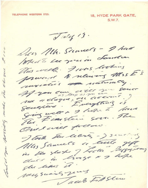 EPSTEIN Sir Jacob - Two Autograph Letters Signed about his work ...